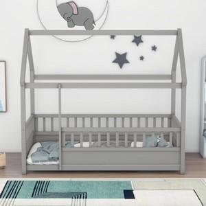 Twin/Full Size Floor Bed with House Roof Frame, Kids Bed Frame with ...