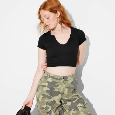 Women's Short Sleeve V-neck Seamless Notched Top - Wild Fable™ Black Xs ...