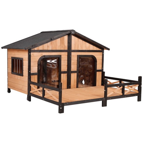 Pawhut 59"x64"x39" Wood Dog House Cabin Style Elevated Pet Shelter W ...