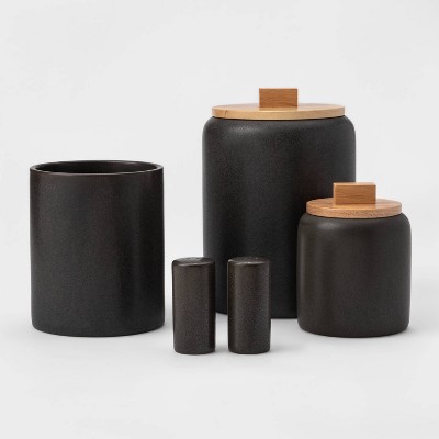 Large Stoneware Tilley Food Storage Canister With Wood Lid Black ...