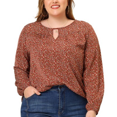 Agnes Orinda Women's Plus Size Chiffon Keyhole Long Sleeve Floral ...