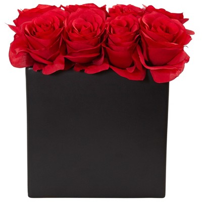 Nearly Natural Roses Silk Arrangement In 9-in H Black Vase, Red : Target