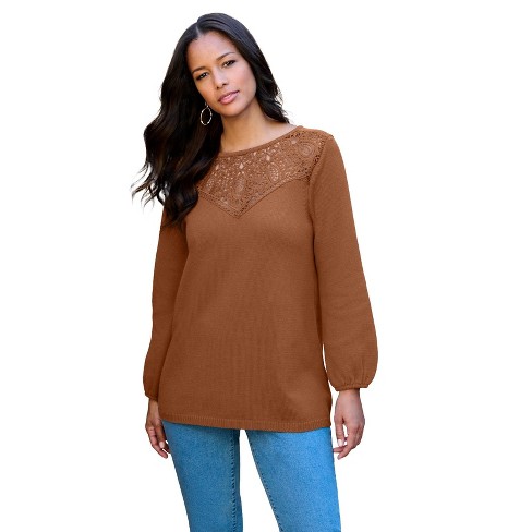 Roaman's Women's Plus Size Lace Mesh Pullover Sweater - 4x, Cognac : Target