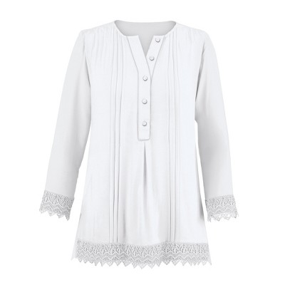 Collections Etc Lace Trimmed Pintuck Tunic Large Ivory : Target