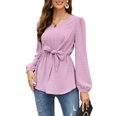 Womens Peplum Blouse Long Sleeve Tops Swiss Dot V Neck Tunic Blouse Tie ...