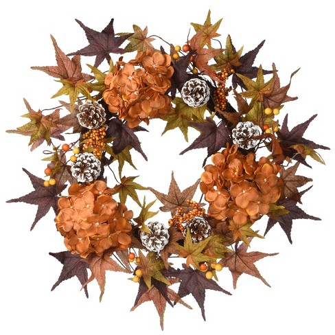 24" Artificial Autumn Wreath With Hydrangeas, Maple Leaves, Pinecones ...