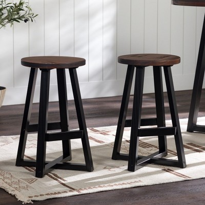 Rustic Distressed Solid Wood Round Dining Stool – Mahogany : Target