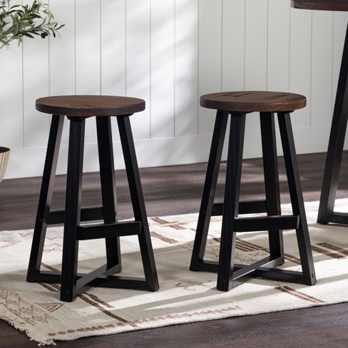 Rustic Distressed Solid Wood Round Dining Stool – Mahogany : Target