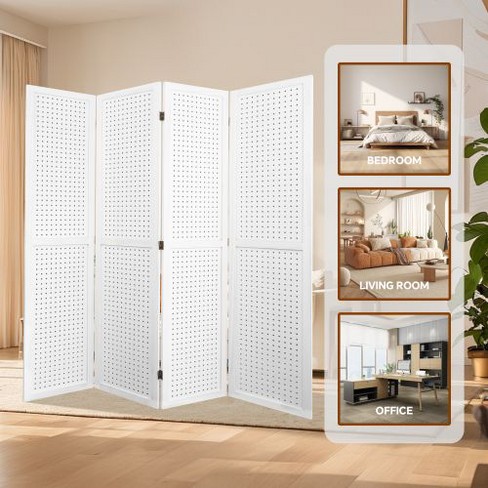 5.6-foot White Wood Privacy Screen With 4 Panels & Pinboard, Foldable ...