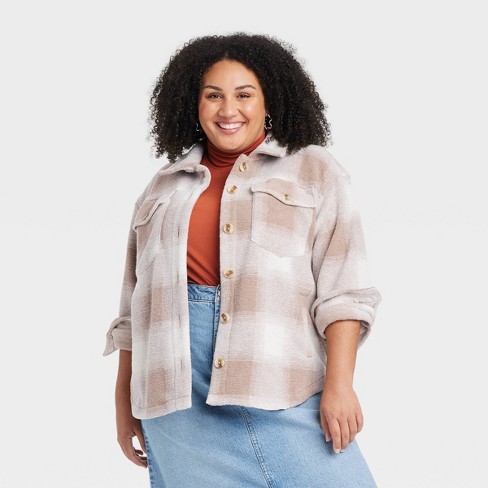 Women's Front Button-down Shacket - Ava & Viv™ Tan Plaid 3x : Target