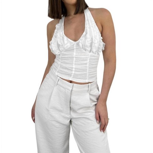 Women's Ruffle Chest Ruched Halter Top - Beige Botany : Target