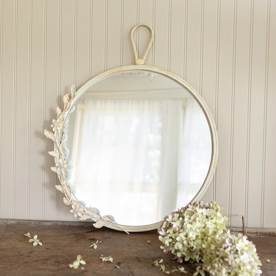 Round White Cottage Floral Wall Mirror Glass & Metal By Foreside Home ...