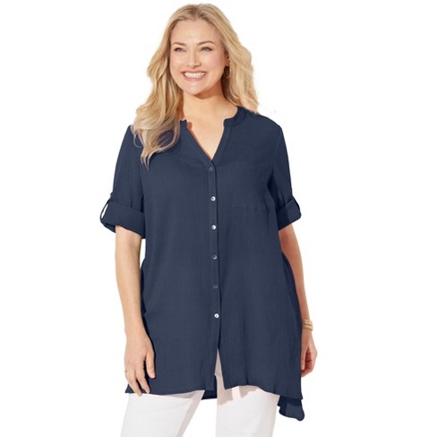 Catherines Women's Plus Size Mandarin Collar Gauze Tunic - 4x, Navy ...