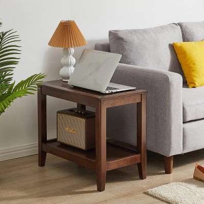 Solid Wood 2-Tier Side Table, Rustic Rubberwood End Table with Storage ...