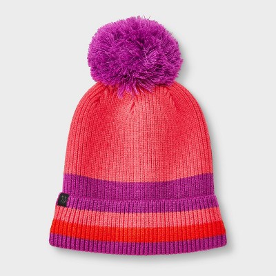 Girls' Striped Cuff Pom Beanie - All In Motion™ Pink Sparkle One Size ...
