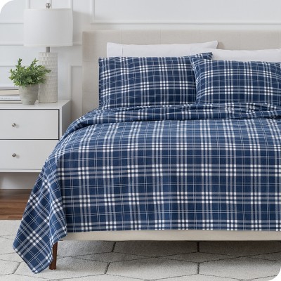 Stirling Plaid - Blue/white Cotton Flannel King Sheet Set By Bare Home ...