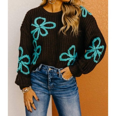 Women's Floral Contrast Stitch Sweater - &merci : Target