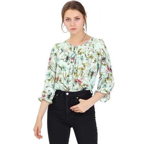 Allegra K Women's Floral Bow Tie Neck Vintage 3/4 Sleeve Blouse Green ...