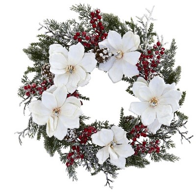 Nearly Natural 22” Snowed Magnolia & Berry Wreath : Target