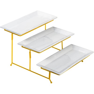 Gibson 3 Tiered Rectangle Porcelain Serving Set With Gold Metal Stand ...