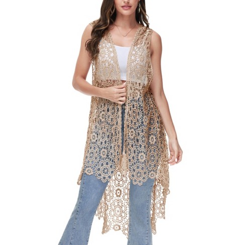 Anna-kaci Women's Boho Crochet Long Vest Top Sleeveless Lace Cardigan ...