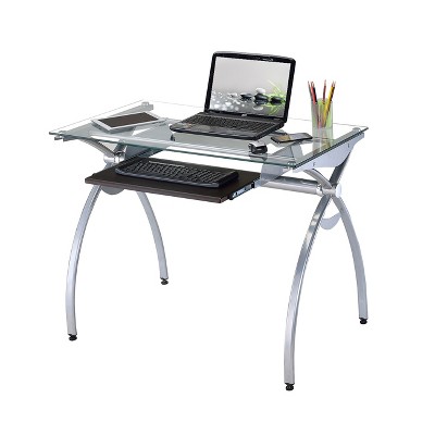 Contemporary Clear Glass Top Computer Desk with Pull Out Keyboard Panel Clear Techni Mobili Curved Steel Frame Mahogany Veneer Home Office