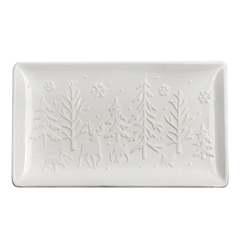 Auldhome Design Reindeer Christmas Tree Platter; Ceramic Embossed White ...