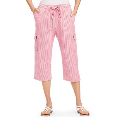 Collections Etc Striped Seersucker Drawstring Cargo Pocket Capri Pants ...