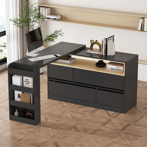 Homsee L-shaped Desk Office Desk With 4 Drawers & Shelves Black : Target