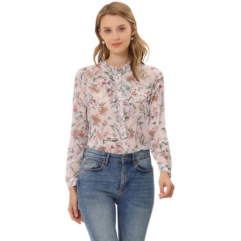 Allegra K Women's Floral Long Sleeve Retro Ruffled Button Down Top : Target