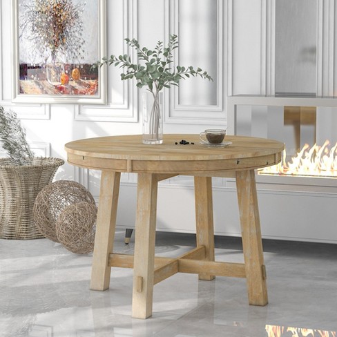 Farmhouse Round Extendable Dining Table With 16" Leaf Wood Kitchen ...