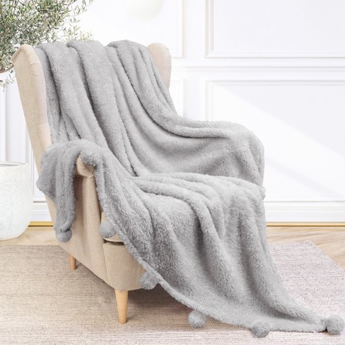 Pavilia Fluffy Throw Blanket With Pompom, Lightweight Soft Plush Cozy ...