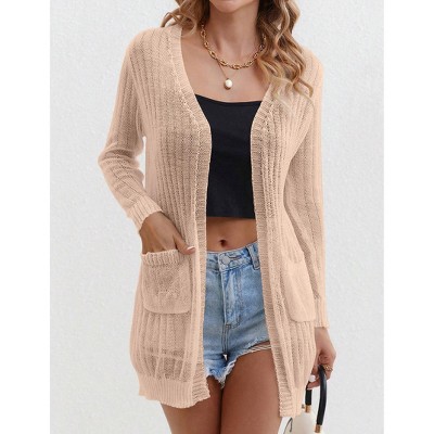 Womens Sweater Cardigan Open Front Mesh Sweater With Side Pocket Ribbed ...