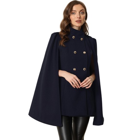 Allegra K Women's Winter Slit Sleeve Double Breasted Cloak Coat Dark ...