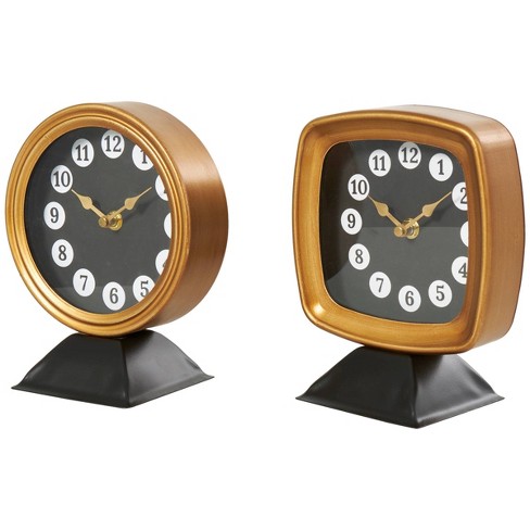 Set Of 2 Metal Round And Square Tabletop Clocks With Black Bases And ...