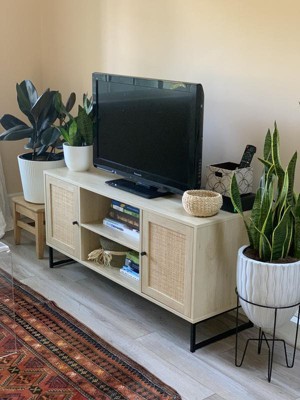 Nathan James 47 Mina Rattan And Wood 2 Door Tv Cabinet For Tvs Up To 59 Light Oak matte Black Media Console With Storage Target