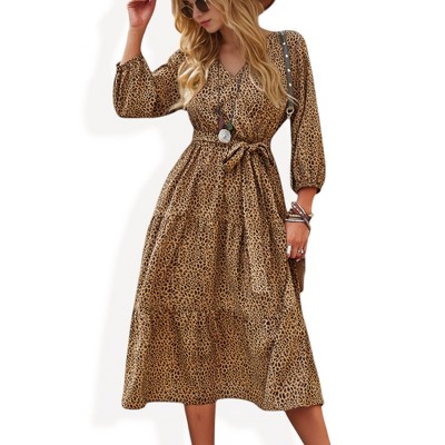 Anna-kaci Women's Leopard Print Midi Dress With Tie Waist And V ...