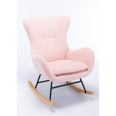 Pink Teddy Fabric Upholstered Rocking Accent Chair With High Backrest ...