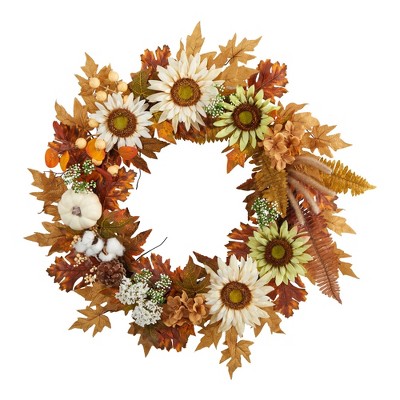Nearly Natural 30” Autumn Sunflower, White Pumpkin And Berries ...