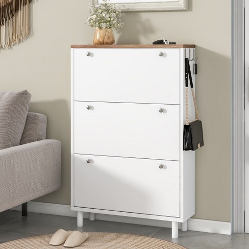 Narrow Design Free Standing Shoe Cabinet With 3 Flip Drawers, Wood ...