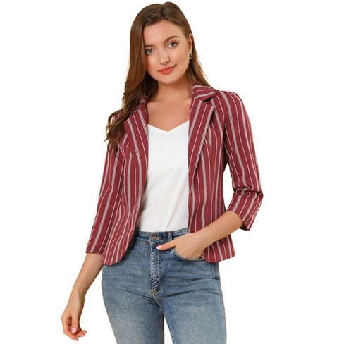 Allegra K Women's Striped 3/4 Sleeves Open Front Casual Notched Lapel Blazer Red Small : Target