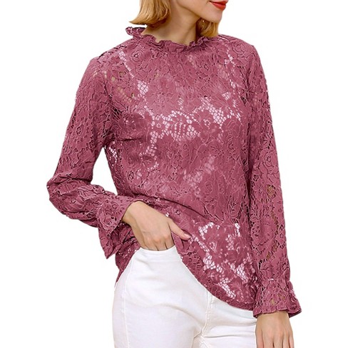 Anna-kaci Women's Layering Lace Puffed Sleeve Sheer Top- Small ,mauve ...