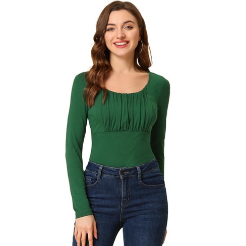 Allegra K Women's Solid Color Ruched Front Scoop Neck Long Sleeve Basic ...