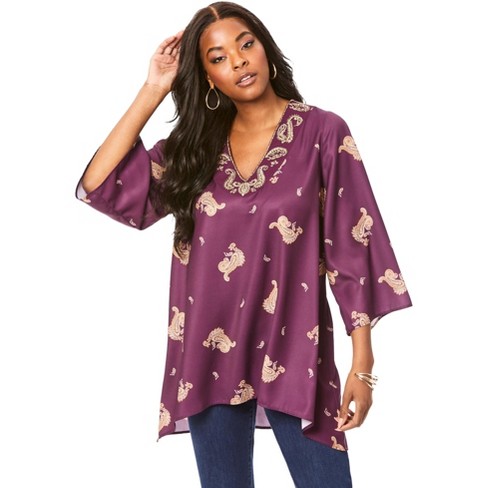 Roaman's Women's Plus Size Embellished V-neck Tunic. - 26 W, Berry Gold ...