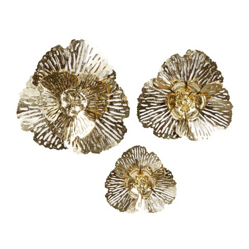 Olivia & May Metal Floral Wall Decor Set Of 3 Gold : Iron Crafted ...