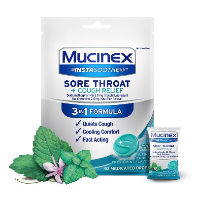 Mucinex Instasoothe Sore Throat & Cough Drops - Alpine Herb & Fresh ...