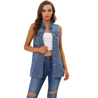 Allegra K Women's Sleeveless Casual Button-down Side Pockets Long Jean ...