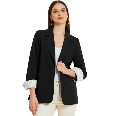 Allegra K Women's Notched Lapel 3/4 Sleeve Single Button Blazer Black ...