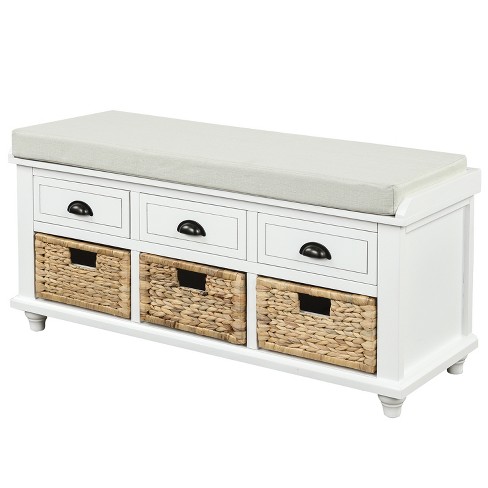 Rustic Storage Bench With 3 Drawers And 3 Rattan Baskets White ...