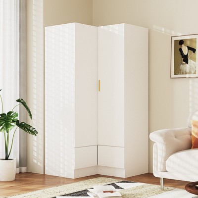 Famapy White Corner Wardrobe Double Door Two Drawer Wardrobe Organiser with Hanging Bar